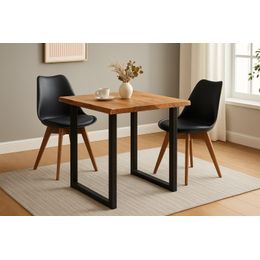 Essgruppe Baumkante massiv 80 x 80 cm Akazie naturfarben U-Gestell schwarz & 2 St&uuml;hle schwarz QUINN