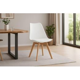 Esszimmer Schalenstuhl & Polster Kunstleder wei&szlig; Stuhlbein Massivholz buchefarben LOVELACE