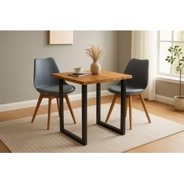 Essgruppe Baumkante massiv 80 x 80 cm Akazie naturfarben U-Gestell schwarz & 2 St&uuml;hle grau QUINN