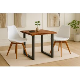 Essgruppe Baumkante massiv 80 x 80 Holz-Optik Nussbaum U-Gestell schwarz & 2 St&uuml;hle wei&szlig; JOSY
