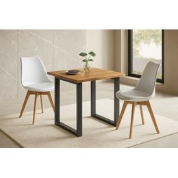 Essgruppe Baumkante massiv 80 x 80 cm Holz Wildeiche-Optik U-Gestell schwarz & 2 St&uuml;hle wei&szlig; JOSY