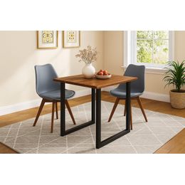 Essgruppe Baumkante massiv 90 x 90 cm Akazie nussbaumfarben U-Gestell schwarz & 2 St&uuml;hle grau QUINN