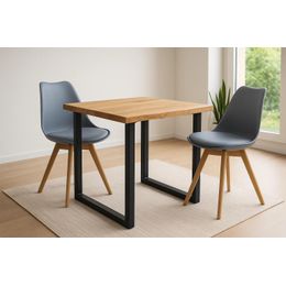 Essgruppe Baumkante massiv 80 x 80 cm Wildeiche U-Gestell schwarz & 2 St&uuml;hle grau SEATTLE