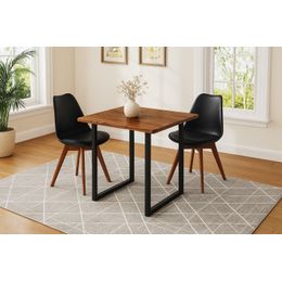 Essgruppe Baumkante massiv 90 x 90 cm Akazie nussbaumfarben U-Gestell schwarz & 2 St&uuml;hle schwarz QUINN