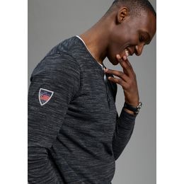 DELMAO Herren Henleyshirt, schwarz, Gr. XXXL, meliert, Single Jersey, Obermaterial: 80% Baumwolle, 20% Polyester, Shirts, Langarm, melierte Optik,
