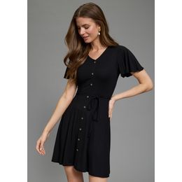 Laura Scott Damen Sommerkleid, schwarz, Gr. 34, unifarben, Single Jersey, Obermaterial: 95% Viskose, 5% Elasthan, Kleider, dekorative Knopfleiste,