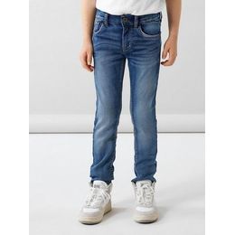 name it M&auml;dchen Slim-fit-Jeans "NKMTHEO XSLIM SWE JEANS 3113-TH NOOS", blau, Gr. 116, unifarben, Denim/Jeans, Obermaterial: 70% Baumwolle, 27%
