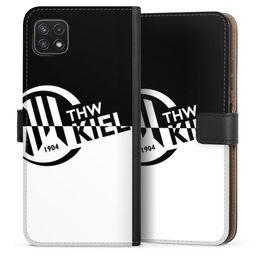 DeinDesign Galaxy A22 5G Handy Klapph&uuml;lle Handyh&uuml;lle aus Kunst Leder schwarz Flip Case Merchandise Thw Kiel Handball Sideflip mit langer Lasche