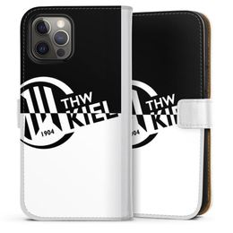 DeinDesign iPhone 12 Pro Max Handy Klapph&uuml;lle Handyh&uuml;lle aus Kunst Leder wei&szlig; Flip Case Merchandise Thw Kiel Handball Sideflip mit Lasche