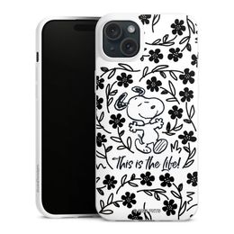 DeinDesign iPhone 15 Plus Handy Silikon H&uuml;lle Case wei&szlig; Handyh&uuml;lle Peanuts Flowers Snoopy Silikon Case