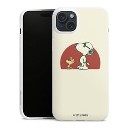 DeinDesign iPhone 15 Plus Handy Silikon H&uuml;lle Case wei&szlig; Handyh&uuml;lle Snoopy Official Licensed Product Kindheit Silikon Case