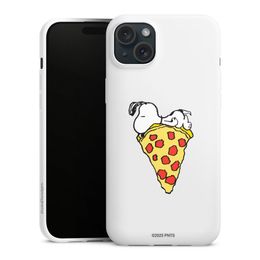DeinDesign iPhone 15 Plus Handy Silikon H&uuml;lle Case wei&szlig; Handyh&uuml;lle Peanuts Pizza Snoopy Silikon Case