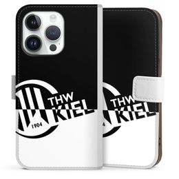 DeinDesign iPhone 14 Pro Handy Klapph&uuml;lle Handyh&uuml;lle aus Kunst Leder wei&szlig; Flip Case Merchandise Thw Kiel Handball Sideflip mit Lasche
