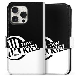 DeinDesign iPhone 15 Pro Handy Klapph&uuml;lle Handyh&uuml;lle aus Kunst Leder wei&szlig; Flip Case Merchandise Thw Kiel Handball Sideflip mit Lasche