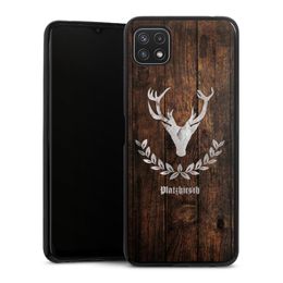DeinDesign Galaxy A22 5G Handy Slim Case extra d&uuml;nn Silikon Handyh&uuml;lle schwarz H&uuml;lle Wooden Look Deer Wood Silikon Slim Case