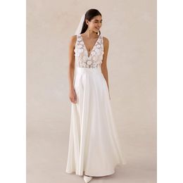 bonprix Brautkleid aus gl&auml;nzendem Satin mit Blumen-Applikation, wei&szlig;, Gr.44, Modern und feminin: Langes Brautkleid aus gl&auml;nzendem Satin mit hohem Schlitz und Blumen-Applikation im Oberteil