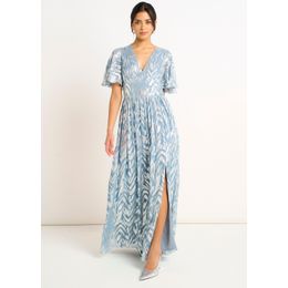 Blaues Metallic-Folien-Print Maxikleid mit kurzen &Auml;rmeln