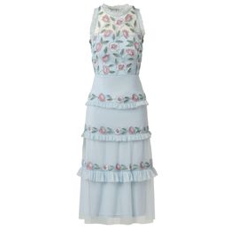 Adrianna Papell Cocktail Kleid Ruffle Bead Mesh Midi Dress in Elegant Sky Multi | Gr.: 46