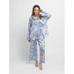 Dorina Damen Pyjamahose "Bella", Gr. XS, blau, Mikrofaser, Obermaterial: 90% Polyester, 10% Elasthan, Hosen, florales Design, Gummizug, Bindeband,