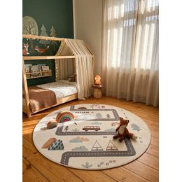 KADIMA DESIGN Kinderteppich Dinosaurier Waschbar Rutschfest Spielteppich in Creme | Gr.: 200 cm rund