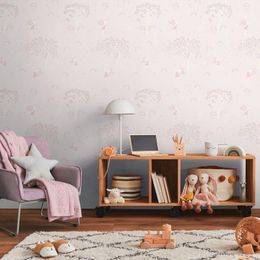 Livingwalls living walls Vliestapete &raquo;Kids Studio Feenwald &ndash; Glitzer Vliestapete&laquo; Motiv gebl&uuml;mt leicht gl&auml;nzend glatt Feenwald mit B&auml;umen, Bl&uuml;ten, Schmetterlingen