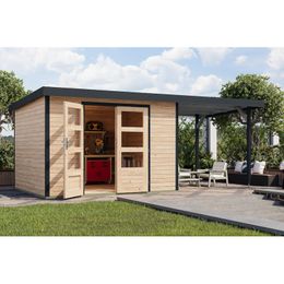Karibu Gartenhaus &raquo;Jupiterino 5 SET, in verschiedenen Farben&laquo; inkl. Anbaudach Massivholz ohne Fu&szlig;boden, Blechdach