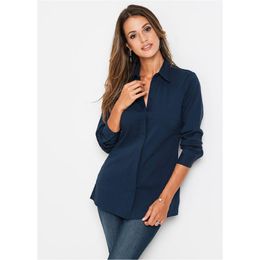 bonprix Damen bonprix Langarmbluse &raquo;Long-Stretch-Bluse&laquo; lockere Passform, mit Stehkragen, mit verdeckter Knopfleiste blau 46