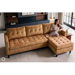 Ecksofa STOCKHOLM 220cm senfgelb Samtstoff Federkern 3-Sitzer-Sofa Riess-Ambiente Wohnzimmer Modern Retro Skandinavisch