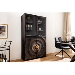 Massives Highboard GOLDEN SUNSET 180cm schwarz gold Mangoholz mit Glast&uuml;ren Vitrine Riess-Ambiente Glamour