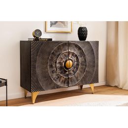 Massives Sideboard GOLDEN SUNSET 100cm schwarz Mangoholz 3D Schnitzerei gold Metall Riess-Ambiente Glamour