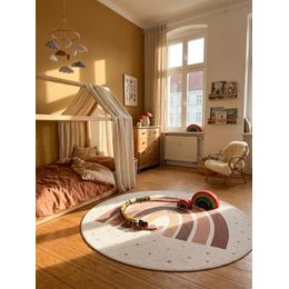 KADIMA DESIGN Kinderteppich Dinosaurier Waschbar Rutschfest Spielteppich in Creme | Gr.: 160cm rund