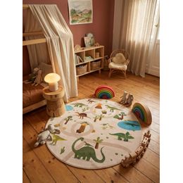 KADIMA DESIGN Kinderteppich Dinosaurier-Landschaft Waschbar TINO OEKO-TEX in Beige | Gr.: 200 cm rund