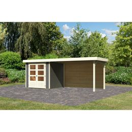 Karibu Gartenhaus-Set 'Raskola 2' terragrau mit Anbaudach und R&uuml;ckwand 504,5 x 211 x 238 cm