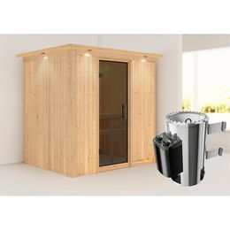 Karibu Elementsauna 'Carla' naturbelassen mit Kranz und graphitfarbener T&uuml;r 3,6 kW Ofen integrierte Steuerung 210 x 165 x 202 cm