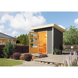 Woodfeeling Massivholzsauna 'Torge' mit Bio-Ofen grau 196 x 228 x 196 cm, 9 kW