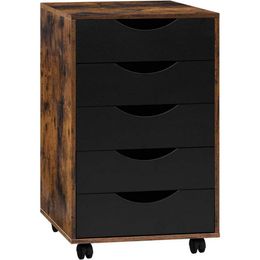 WOLTU Rollcontainer, Dunkelbraun, Schwarz, Holzwerkstoff, 5 Schubladen, Rechteckig, 40x66.5x40 cm, Arbeitszimmer, Container