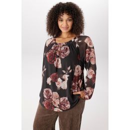 ANISTON PLUS Damen Carmenshirt, schwarz, Gr. 46, gebl&uuml;mt, gemustert, Web, Obermaterial: 95% Polyester, 5% Elasthan. Futter: 100% Polyester, Shirts,