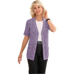 Damen Ajourstrickjacke mit Taschen, aufgesetzt lila-ecru-meliert, Gr&ouml;&szlig;e 40