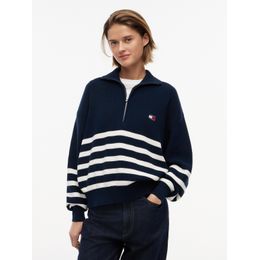 Tommy Jeans Damen Troyer "TJW STRIPE QUARTER ZIP SWEATER", blau, Gr. M, gestreift, Strick, Obermaterial: 100% Baumwolle, Pullover, Baumwolle, mit