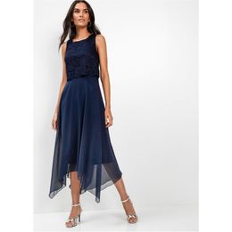 bonprix Premium Chiffonkleid mit Spitze, blau, Gr.46, Elegantes Abendkleid mit Spitzenoberteil und Zipfelrock