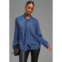 Bruno Banani Damen Schluppenbluse, blau, Gr. 48, unifarben, Web, Obermaterial: 100% Viskose, Blusen, Langarm, mit 2-Knopf-Manschette, h&uuml;ftlange