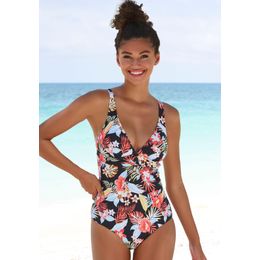 s.Oliver Damen Badeanzug "Marika", schwarz, Gr. 38, bedruckt, floral, Microfaser, Microfaser, Polyamid, Badeanz&uuml;ge, mit Zierring und Shaping-Effekt