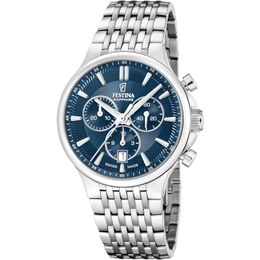 Festina Herren Chronograph &raquo;Chrono&laquo; Quarzuhr, Armbanduhr, Herrenuhr, Swiss Made, Edelstahlarmband, analog blau Einheitsgr&ouml;&szlig;e