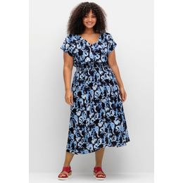 sheego Gro&szlig;e Gr&ouml;&szlig;en Druckkleid mit Smokbund, marine-gemustert, Gr&ouml;&szlig;e 54 - Damen