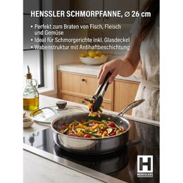 HENSSLERS Schmorpfanne &raquo;Premium, Pfanne 26 cm, inklusive Grillzange&laquo; Edelstahl Set, 3 tlg. &Oslash; 28cm + H&ouml;he 12,5cm