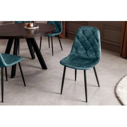 Riess Ambiente Stilvoller Stuhl GLAMM petrol Samt mit Rauten-Steppung schwarz Metall Riess-Ambiente Esszimmerstuhl K&uuml;chenstuhl Modern Retro