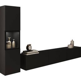 P & B Wohnwand Berlin, Schwarz, Kunststoff, 2-teilig, 4 F&auml;cher, kaltwei&szlig;, 210x130x32.5 cm, Fsc, stehend, h&auml;ngend, Beleuchtung, spiegelbildliche Montage m&ouml;glich, Wohnzimmer, Wohnw&auml;nde, Anbauw&auml;nde