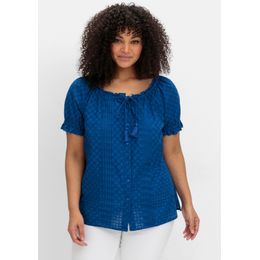 sheego by Joe Browns Damen Kurzarm-Bluse mit Lochstickerei und Carmen-Ausschnitt, blaubeere, Gr&ouml;&szlig;e 48