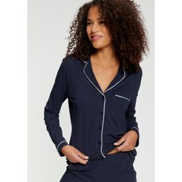 Lascana Damen Pyjamaoberteil, Gr. 32, blau, Single Jersey, Obermaterial: 50% Baumwolle, 50% Viskose, unifarben mit Farbeinsatz, Shirts, mit