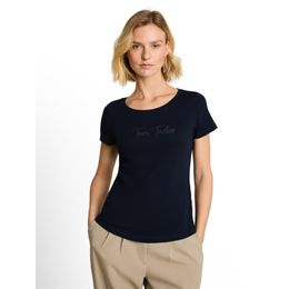 Tom Tailor Damen Kurzarmshirt, blau, Gr. M, unifarben, Single Jersey, Obermaterial: 100% Baumwolle, Shirts, Sommershirt mit Glitzer-Wording